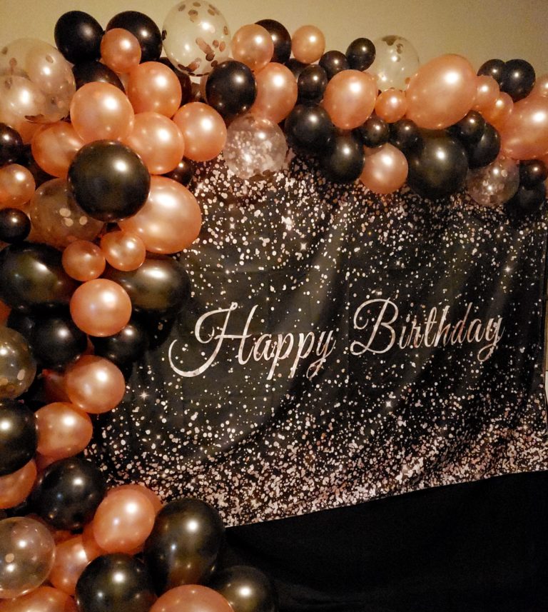Elegant Birthday backdrop with Balloon Garland – Visions Event Planning